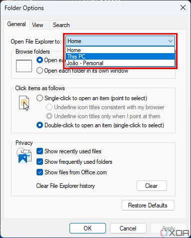 How to change the default start page in File Explorer on Windows 11