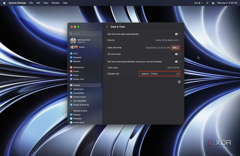 How to override the automatic date and time selection on macOS