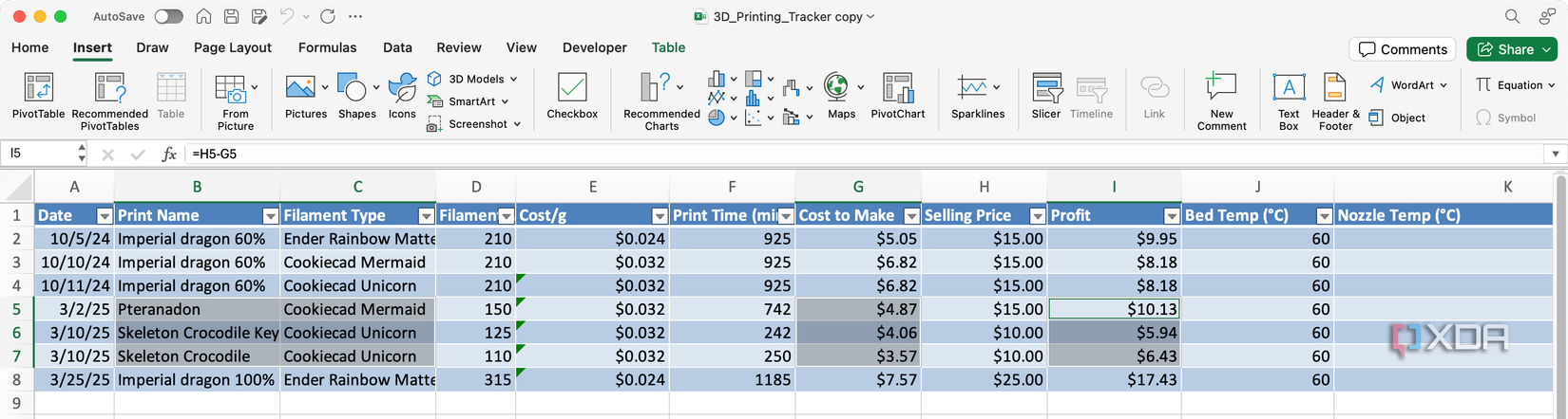 How I visualize my 3D printing data with Excel