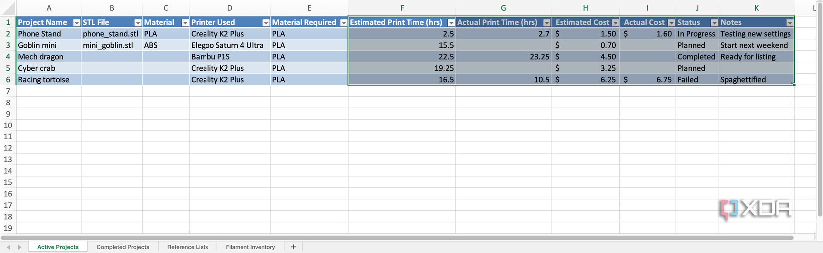 10 tips to use Excel to plan your 3D printing projects